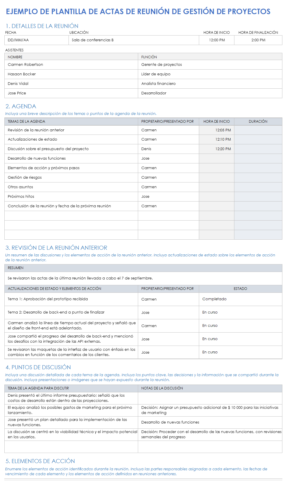 Plantillas gratuitas de actas de reunión de gestión de proyectos